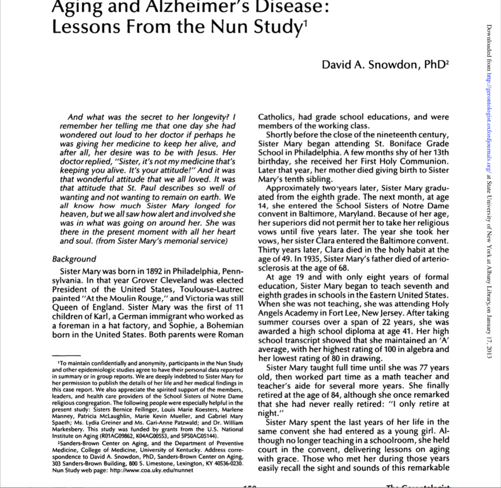 Solved: Sister Mary, The Gold Standard For The Nun Study, ... | Chegg.com