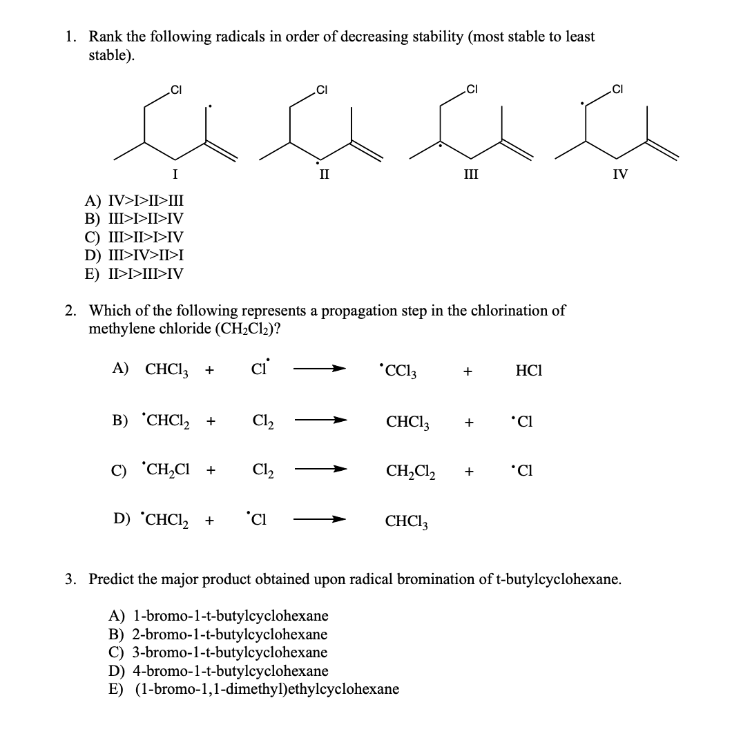 Solved 1. Rank the following radicals in order of decreasing | Chegg.com