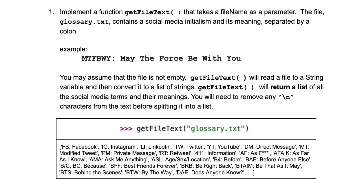 Implement a function getFileText ( ) ﻿that takes a | Chegg.com