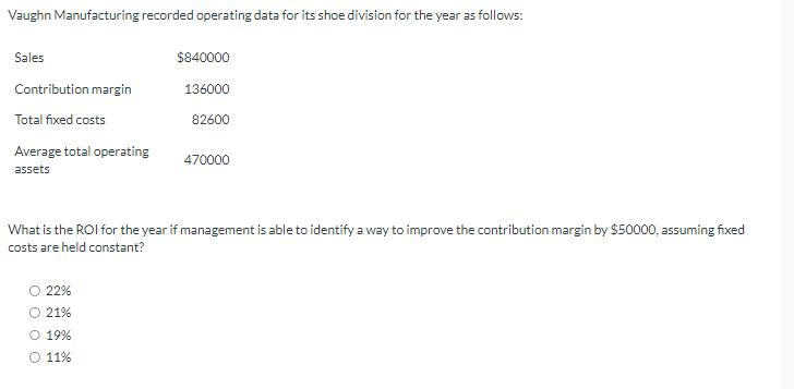 Solved Vaughn Manufacturing recorded operating data for its | Chegg.com
