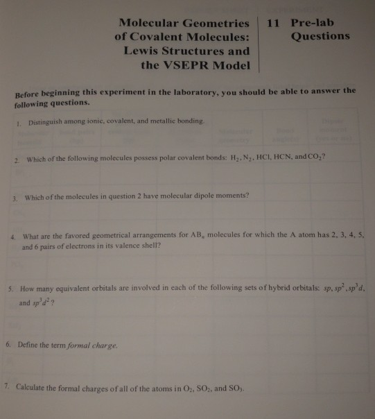 Solved Molecular Geometries 11 Pre-lab of Covalent | Chegg.com