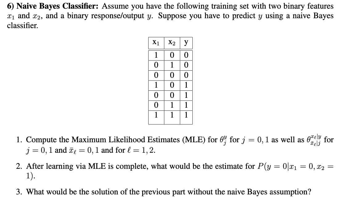 6) Naive Bayes Classifier: Assume you have the | Chegg.com