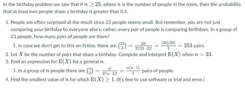 Solved In the birthday problem we saw that if n > 23, where | Chegg.com
