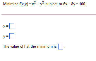 Solved Minimize f(x,y) = x2 + y2 subject to 6x- 8y= 100. х | Chegg.com