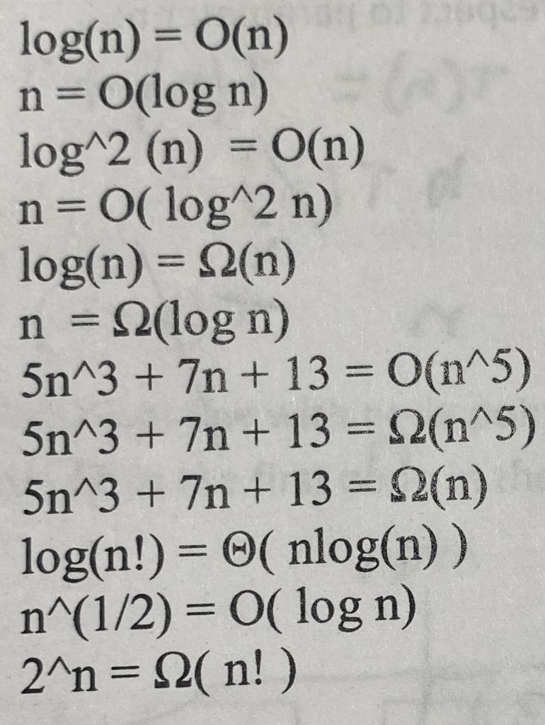 Solved log(n)=O(n) n=O(logn) log∧2(n)=O(n) n=O(log∧2n) | Chegg.com