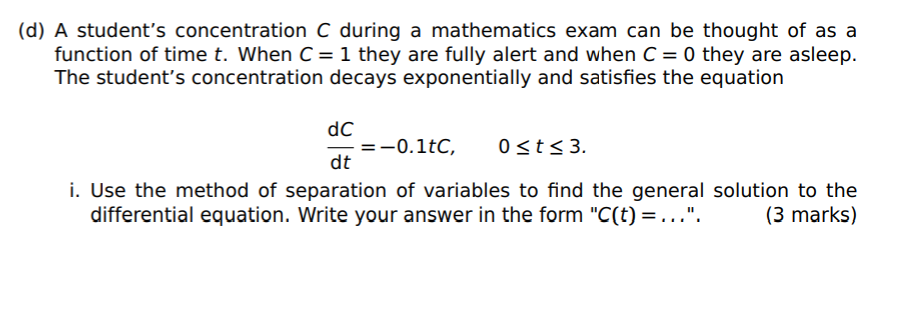 Solved (d) A student's concentration C during a mathematics | Chegg.com