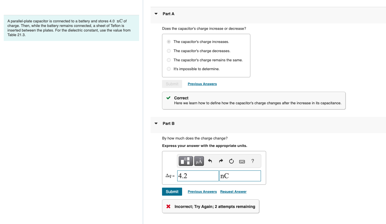 Solved A parallel-plate capacitor is connected to a battery | Chegg.com