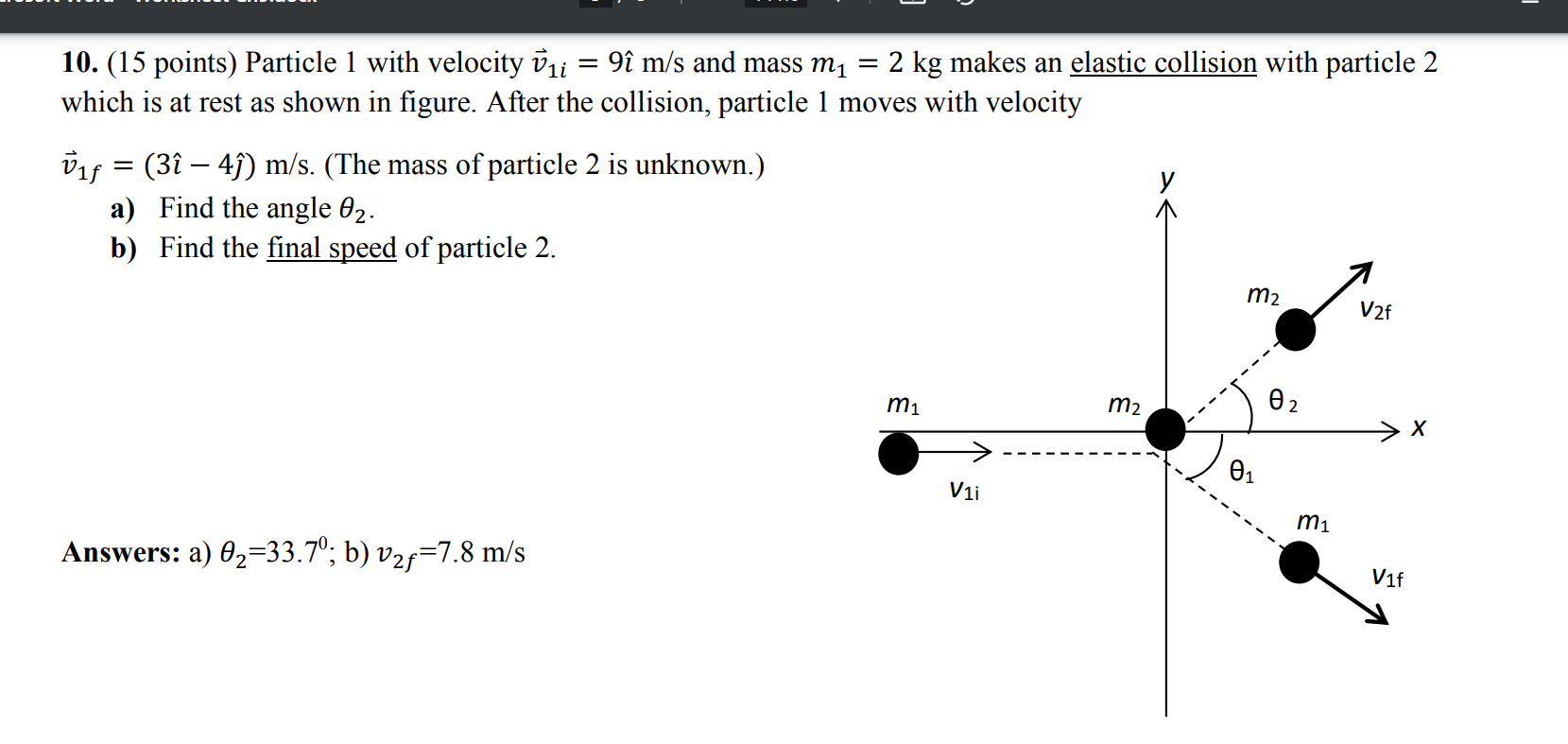 Solved (15 points) Particle 1 with velocity vec(v)_(1i)=9 | Chegg.com