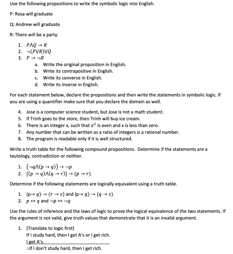 Solved Use the following propositions to write the symbolic | Chegg.com