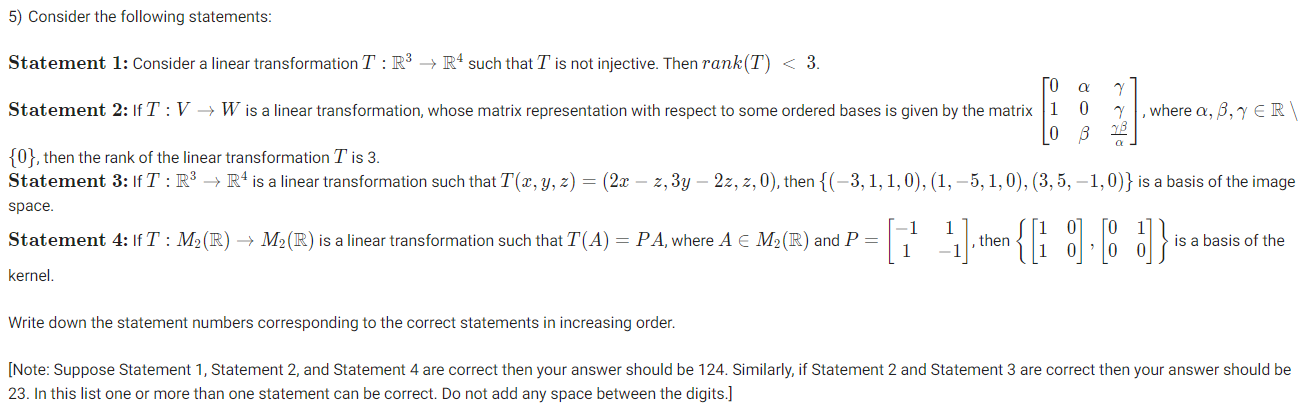Solved Statement 1: Consider a linear transformation T:R3→R4 | Chegg.com