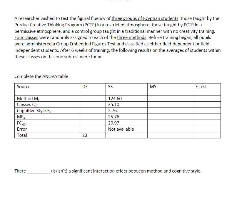A researcher wished to test the figural fluency of | Chegg.com