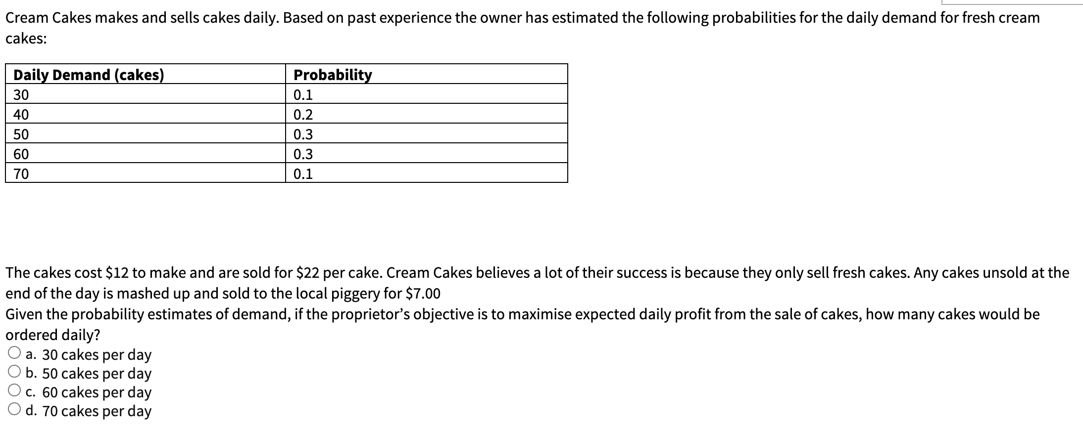 Solved Cream Cakes makes and sells cakes daily. Based on | Chegg.com