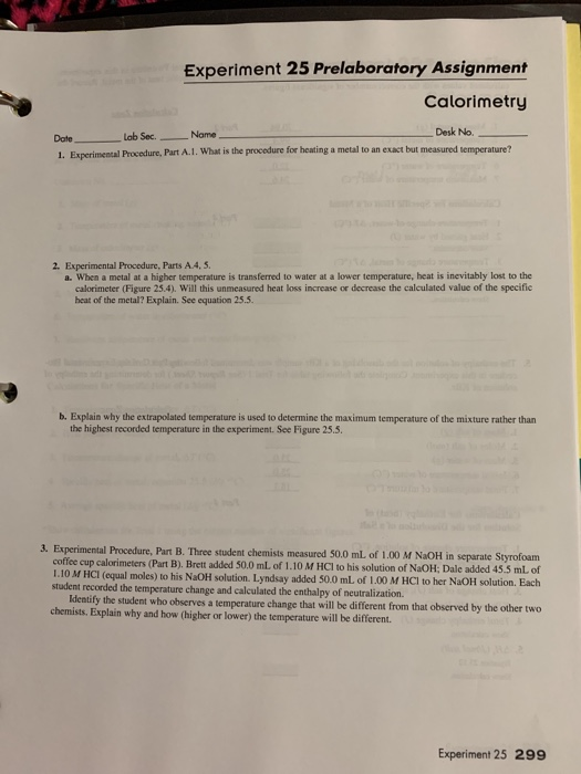 Experiment 25 Prelaboratory Assignment Calorimetry | Chegg.com