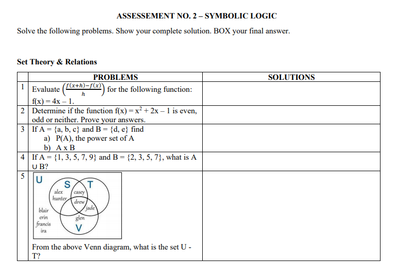 Solved ASSESSEMENT NO. 2 - SYMBOLIC LOGIC Solve the | Chegg.com