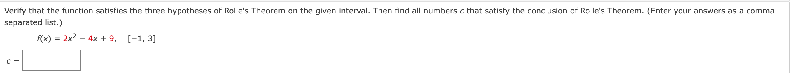 Solved separated list.) f(x)=2x2−4x+9,[−1,3] | Chegg.com