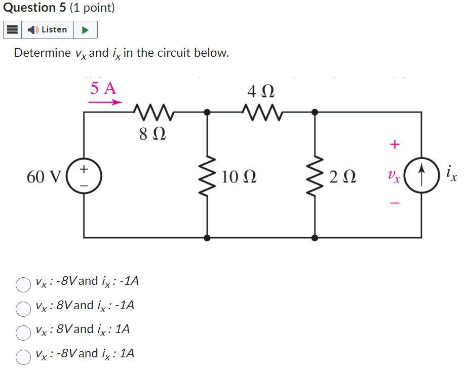 Solved Determine vx and ix in the circuit below. vX:−8V and | Chegg.com