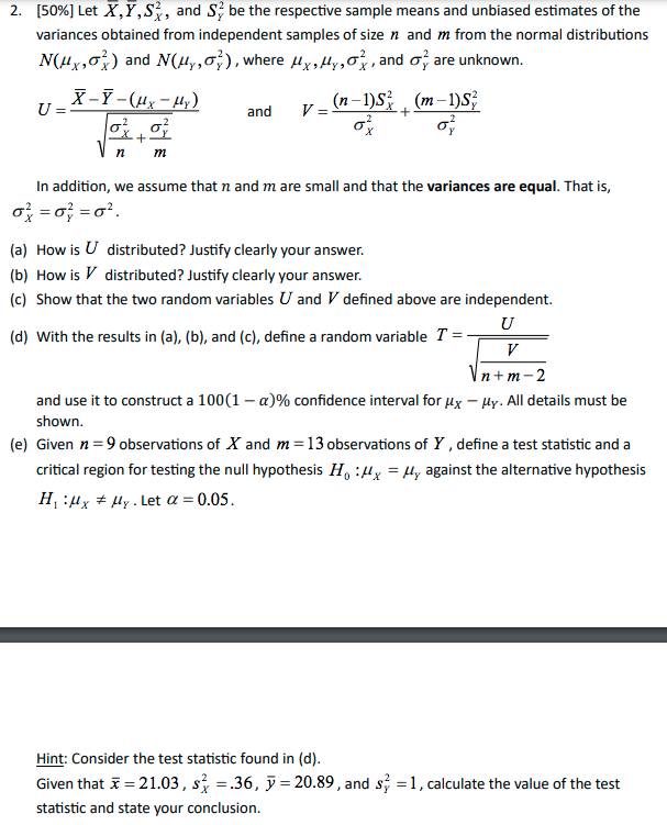 Solved 2. [50\%] Let Xˉ,Yˉ,SX2, and SY2 be the respective | Chegg.com