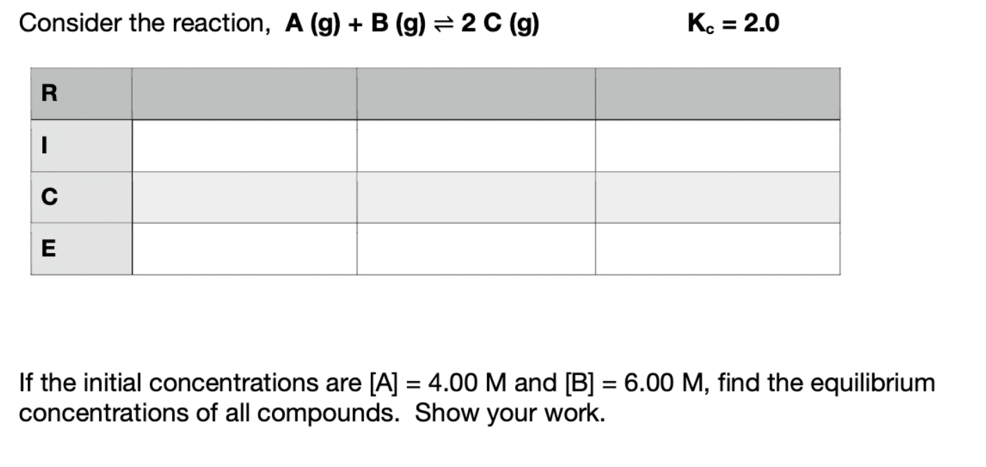 Solved Consider the reaction, A(g)+B(g)⇌2C(g) Kc=2.0 If the | Chegg.com
