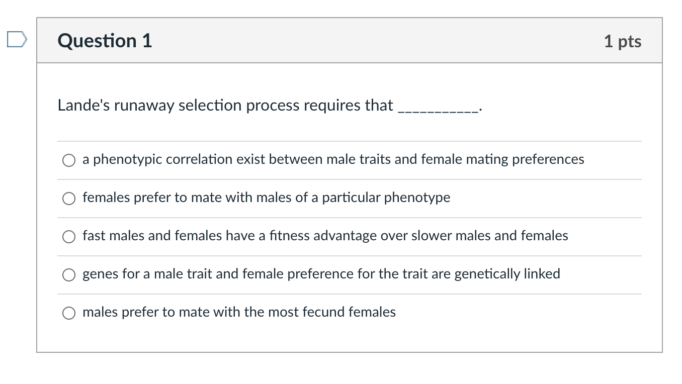 Solved Question 1 1 pts Lande's runaway selection process | Chegg.com