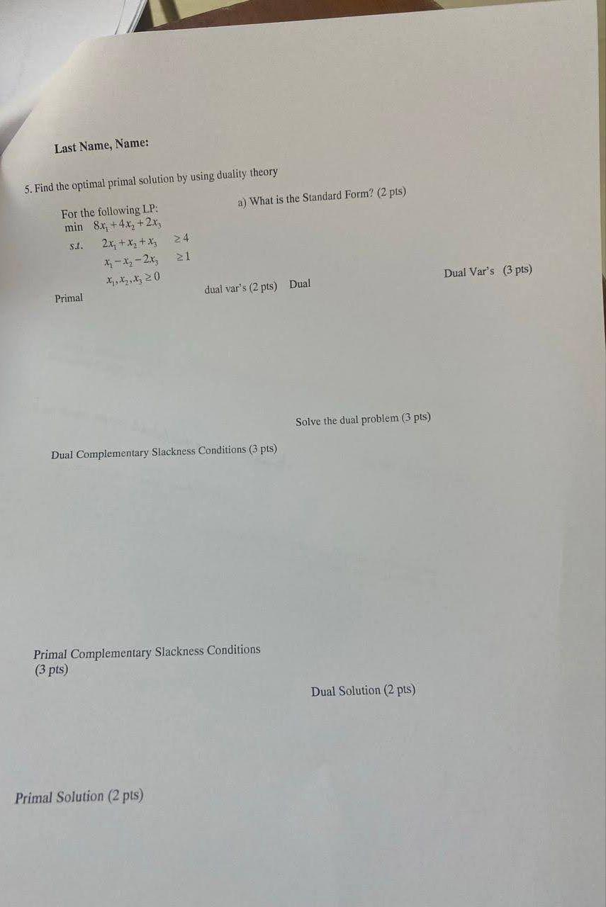 Solved Last Name, Name: 5. Find the optimal primal solution | Chegg.com