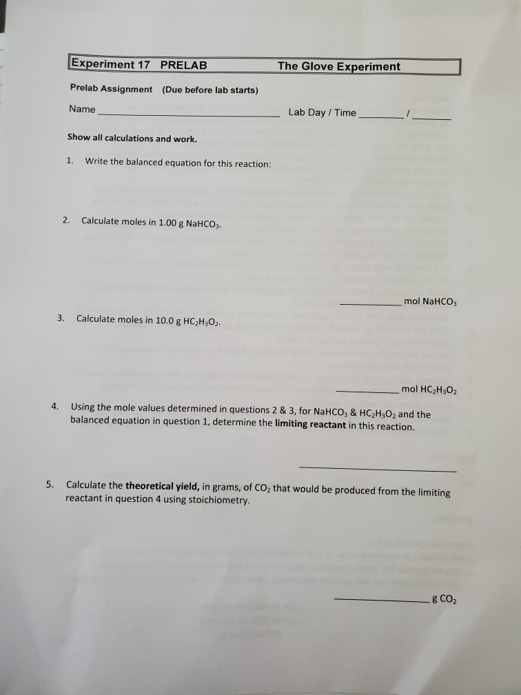Solved Experiment 17 PRELAB The Glove Experiment Prelab | Chegg.com