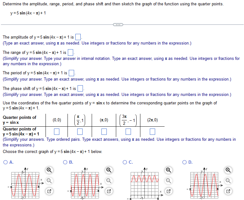 Solved Determine the amplitude, range, period, and phase | Chegg.com