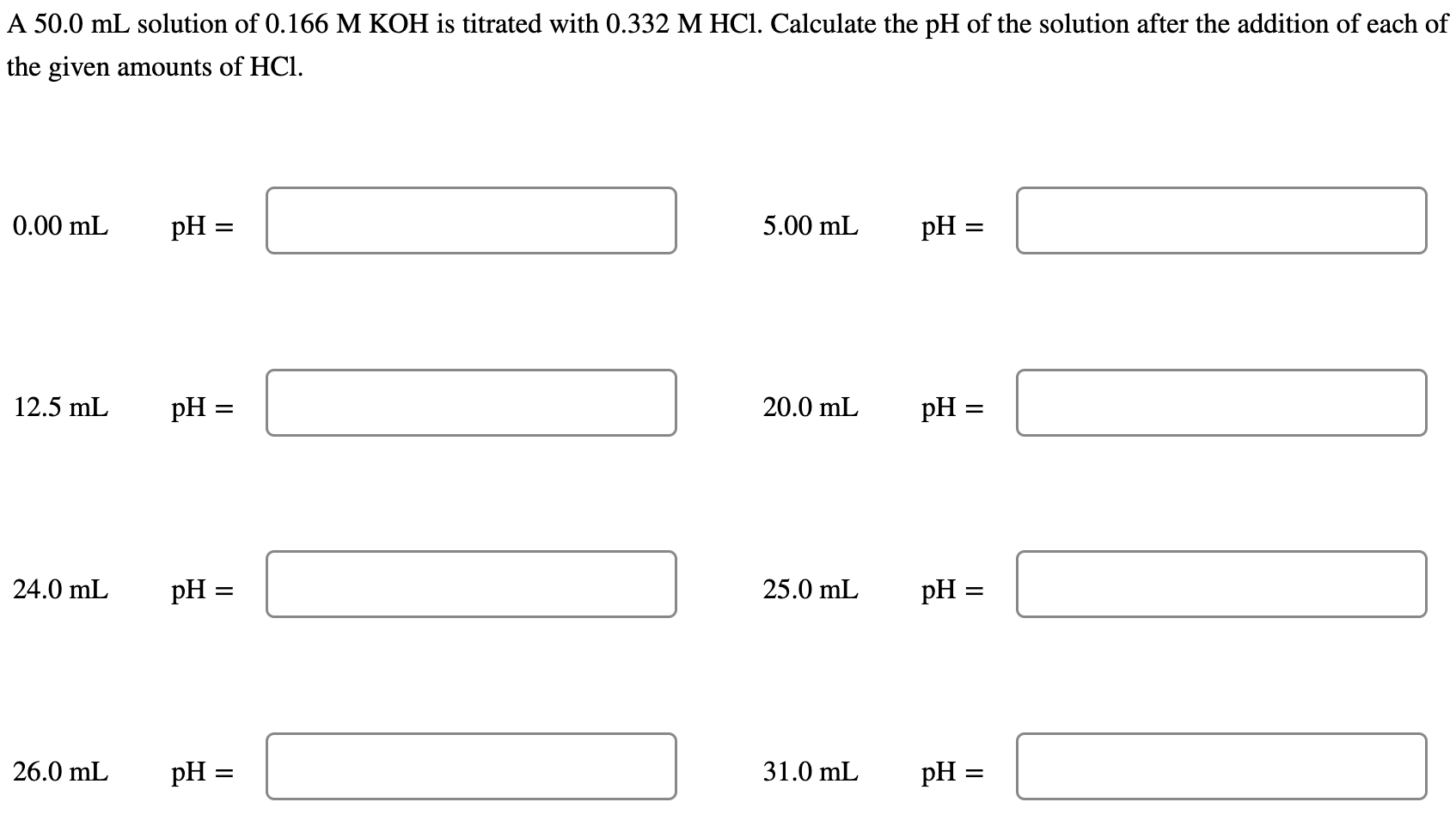 Solved A 50.0 mL solution of 0.166MKOH is titrated with | Chegg.com