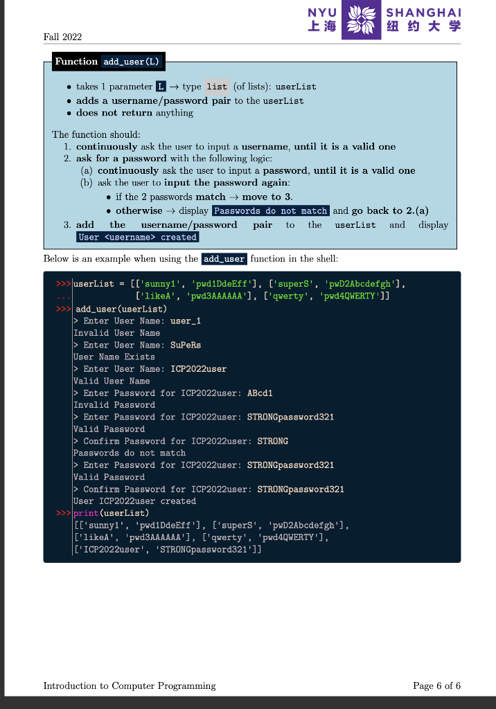 Solved Function valid_username(user, L) Function | Chegg.com