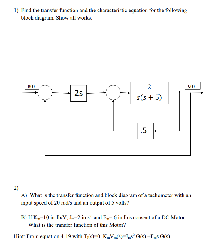 Solved 1) Find the transfer function and the characteristic | Chegg.com