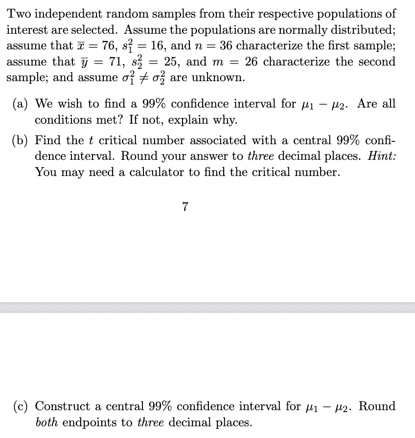 Solved Two independent random samples from their respective | Chegg.com