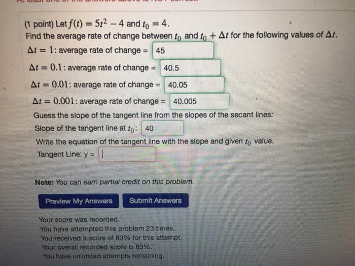 Solved (1 point) Let f(t) = 5t2-4 and to-4. Find the average | Chegg.com