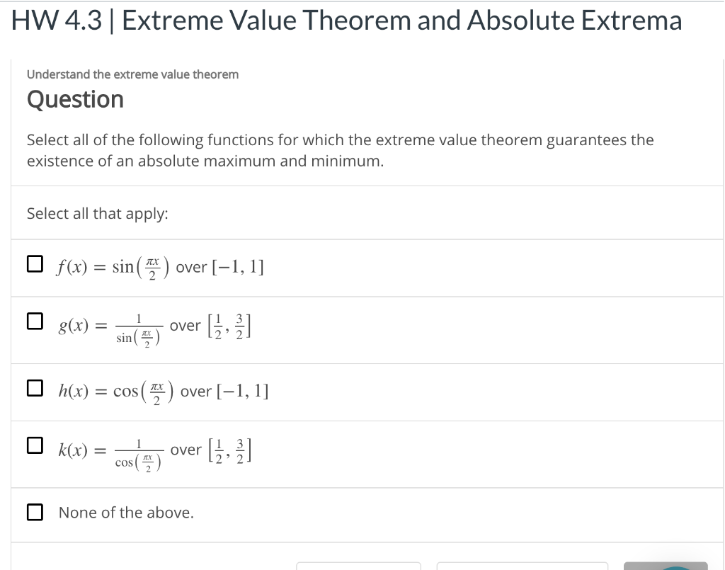 Solved HW 4.3 | Extreme Value Theorem and Absolute Extrema | Chegg.com
