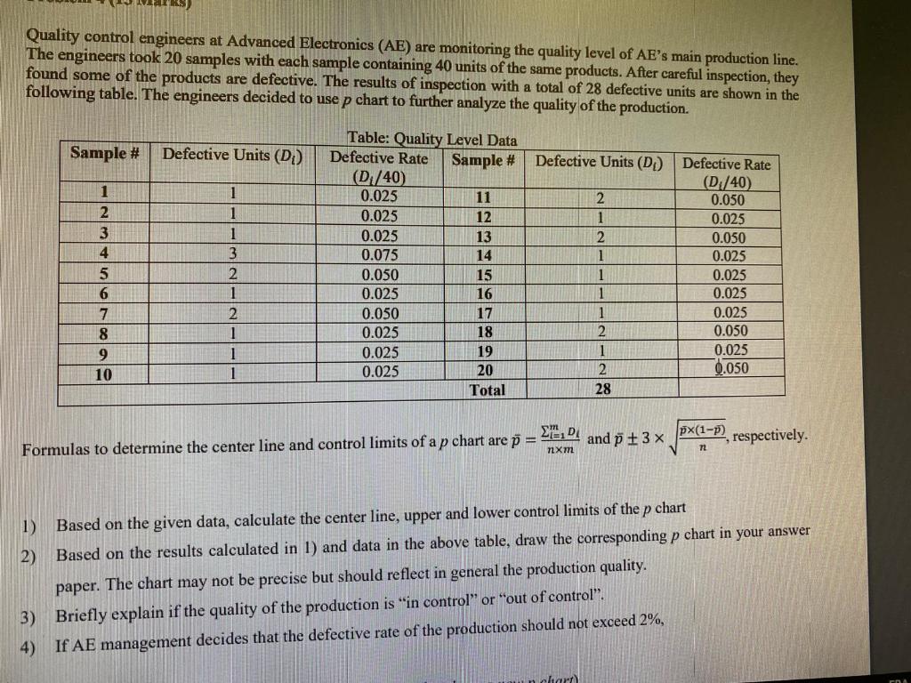 Solved Quality control engineers at Advanced Electronics | Chegg.com