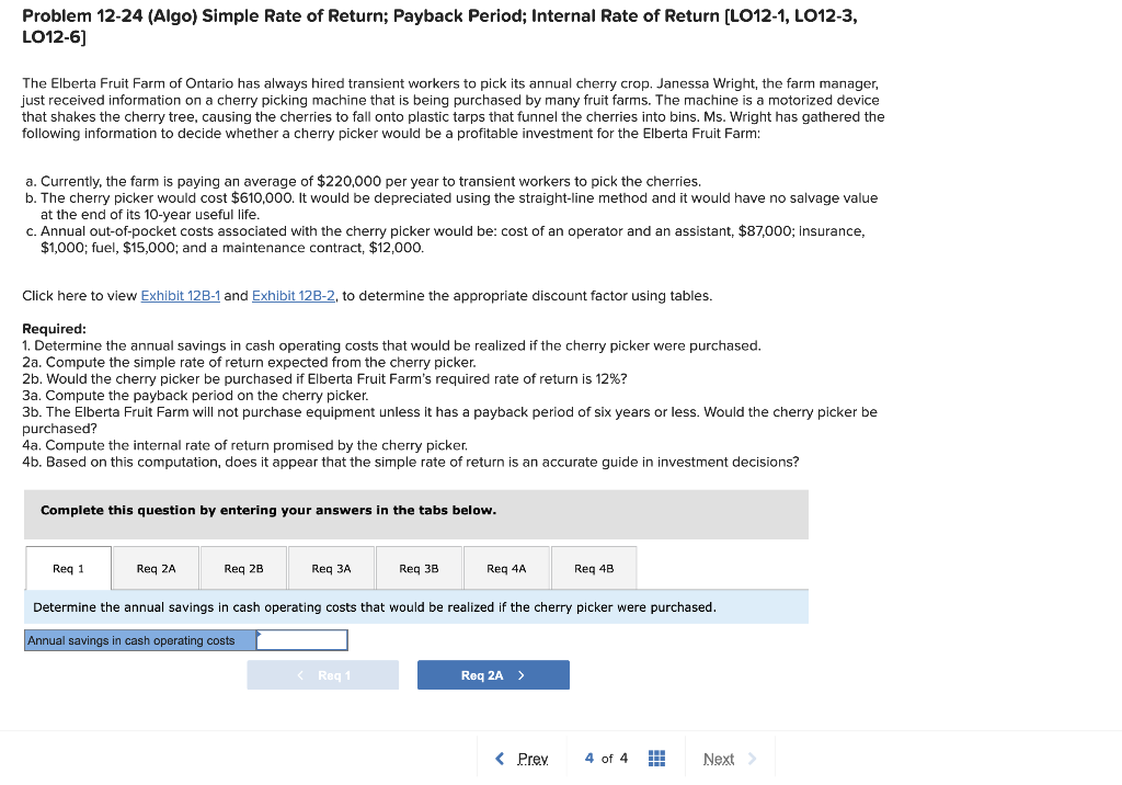 Solved Problem 12-24 (Algo) Simple Rate of Return; Payback | Chegg.com