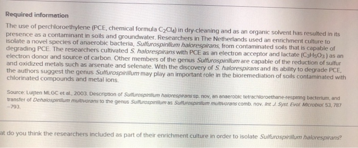 Solved Required information The use of perchloroethylene | Chegg.com