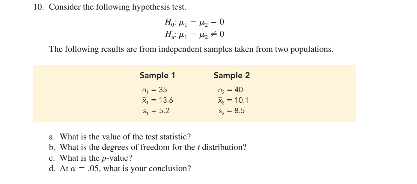 Solved 10. Consider the following hypothesis test. | Chegg.com