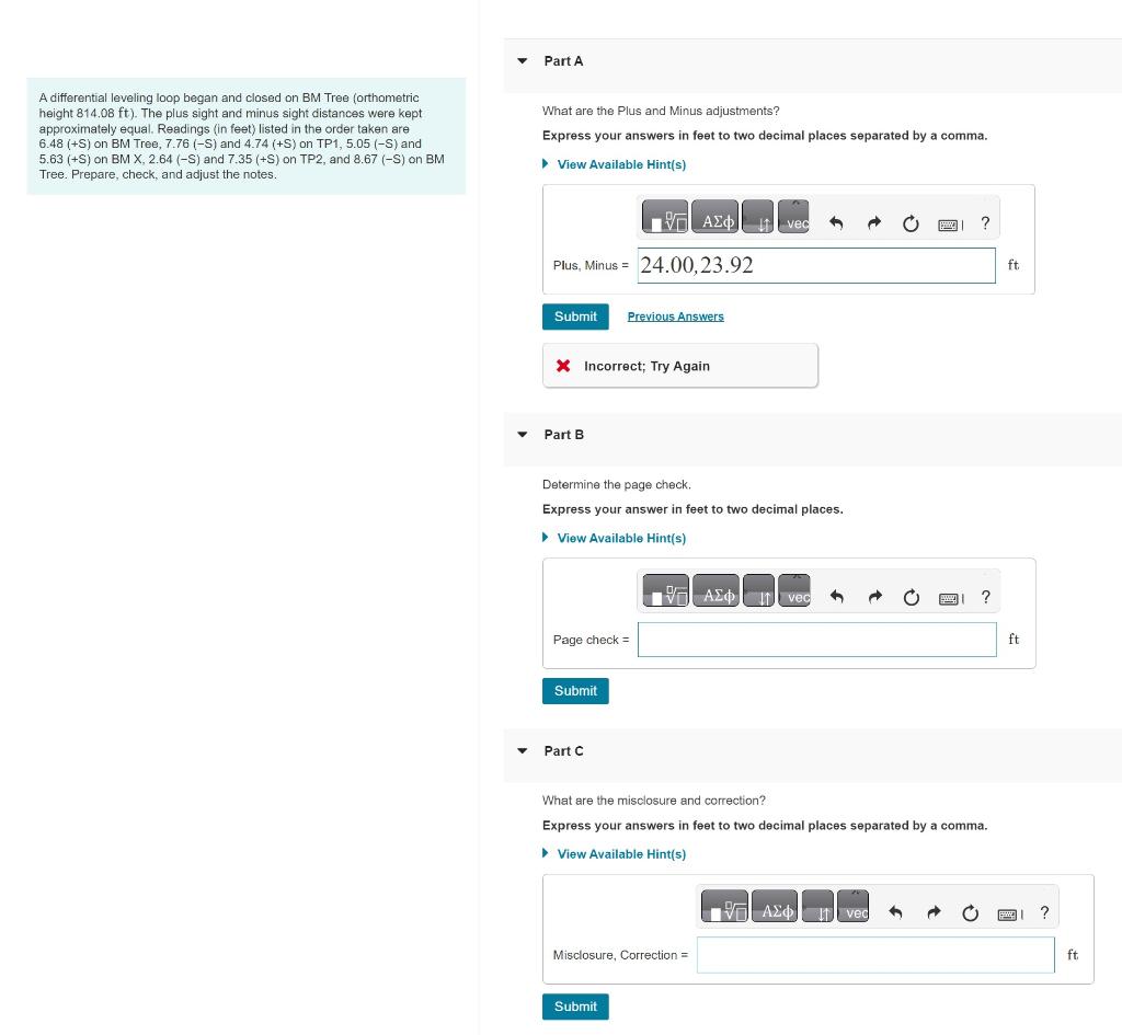 Solved A differential leveling loop began and closed on BM | Chegg.com