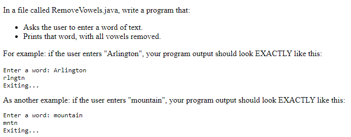 Solved In a file called Remove Vowels.java, write a program | Chegg.com