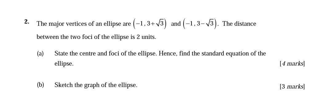 Solved 2. The major vertices of an ellipse are (−1,3+3) and | Chegg.com