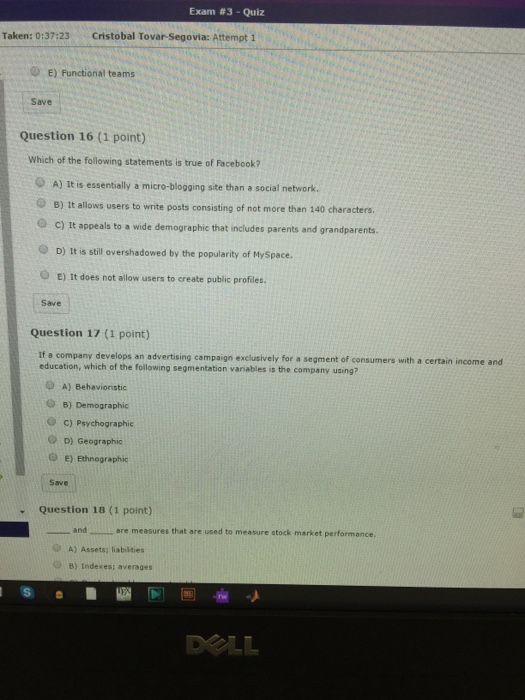 Solved Exam 3 -Quiz Taken: 0:37:23 Cristobal Tovar Segovia: | Chegg.com