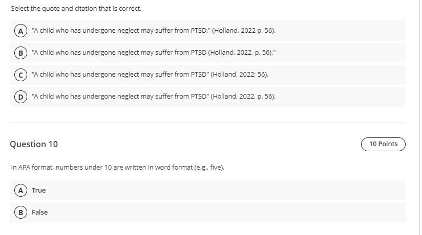 Solved Select the quote and citation that is correct."A | Chegg.com