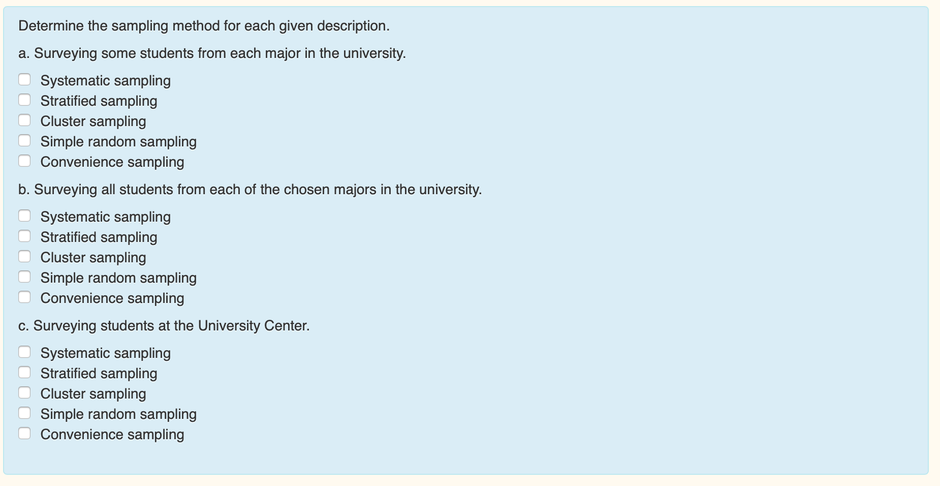 Solved On Determine the sampling method for each given | Chegg.com