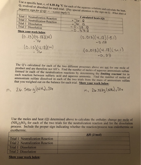 Solved Use a specific heat, c, of 4.18 J/g. C for each of | Chegg.com