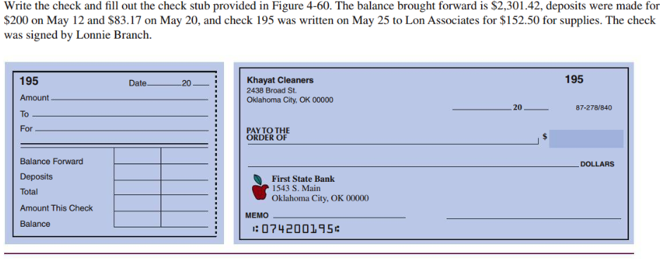 Solved Write the check and fill out the check stub provided | Chegg.com