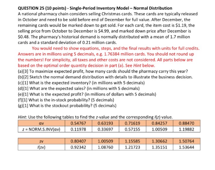 Solved QUESTION 25 (10 points) -Single-Period Inventory | Chegg.com