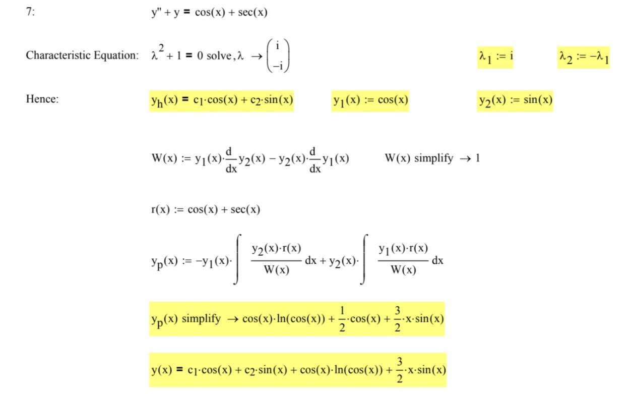 Solved 7: y′′+y=cos(x)+sec(x) Characteristic Equation: | Chegg.com