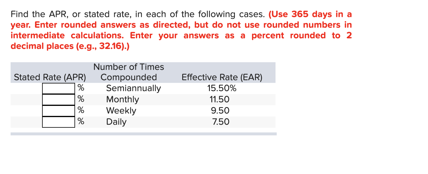 Solved Find the APR, or stated rate, in each of the | Chegg.com