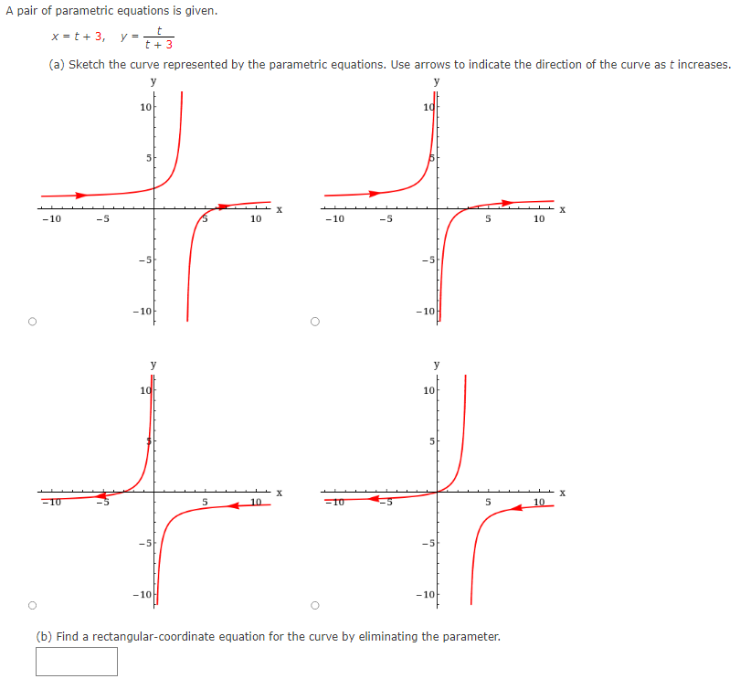 Solved A pair of parametric equations is given. x=t+3,y=t+3t | Chegg.com