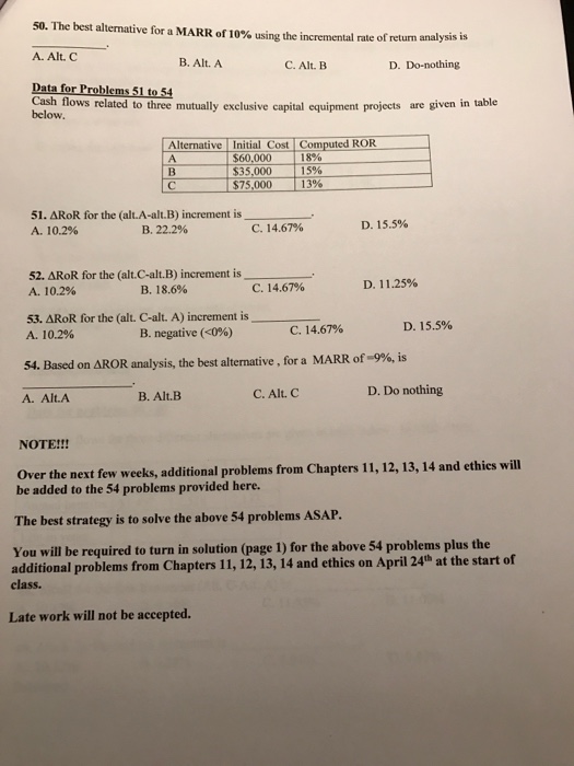 Solved The best alternative for a MARR of 10% using the | Chegg.com
