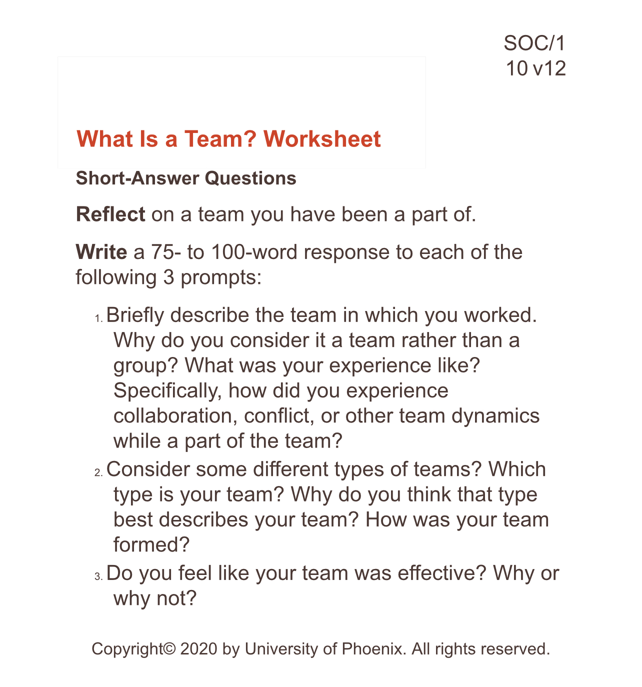 Solved SOC 1 10v12 What Is A Team Worksheet Short Answer Chegg